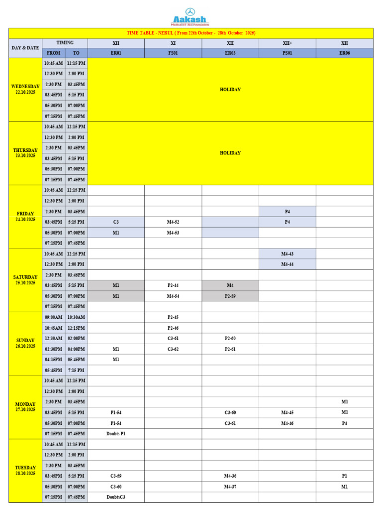 NERUL - ENG. - NON - INT - TIME TABLE 22-10-2025 To 28-10-2025 | PDF