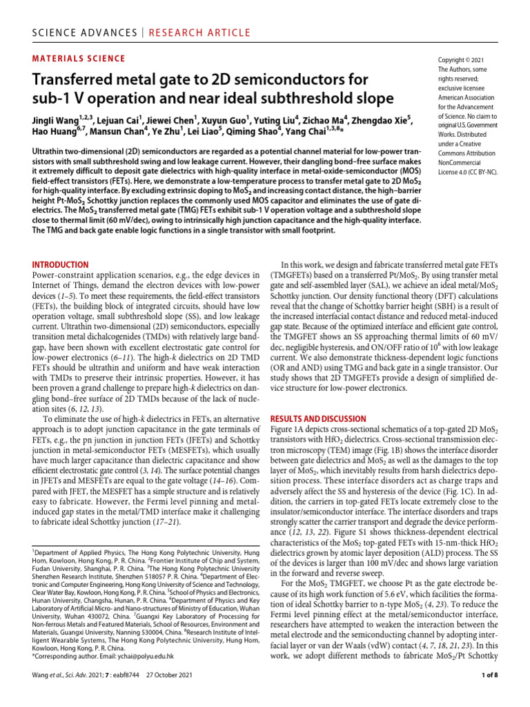 Metal Gate 2D Semiconductors for Low-Power FETs | PDF | Field Effect ...