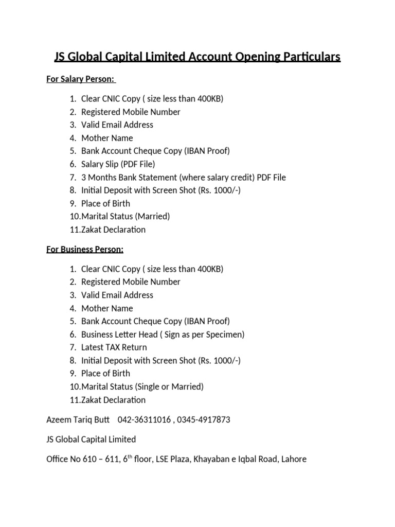 Account Opening Particulars | PDF