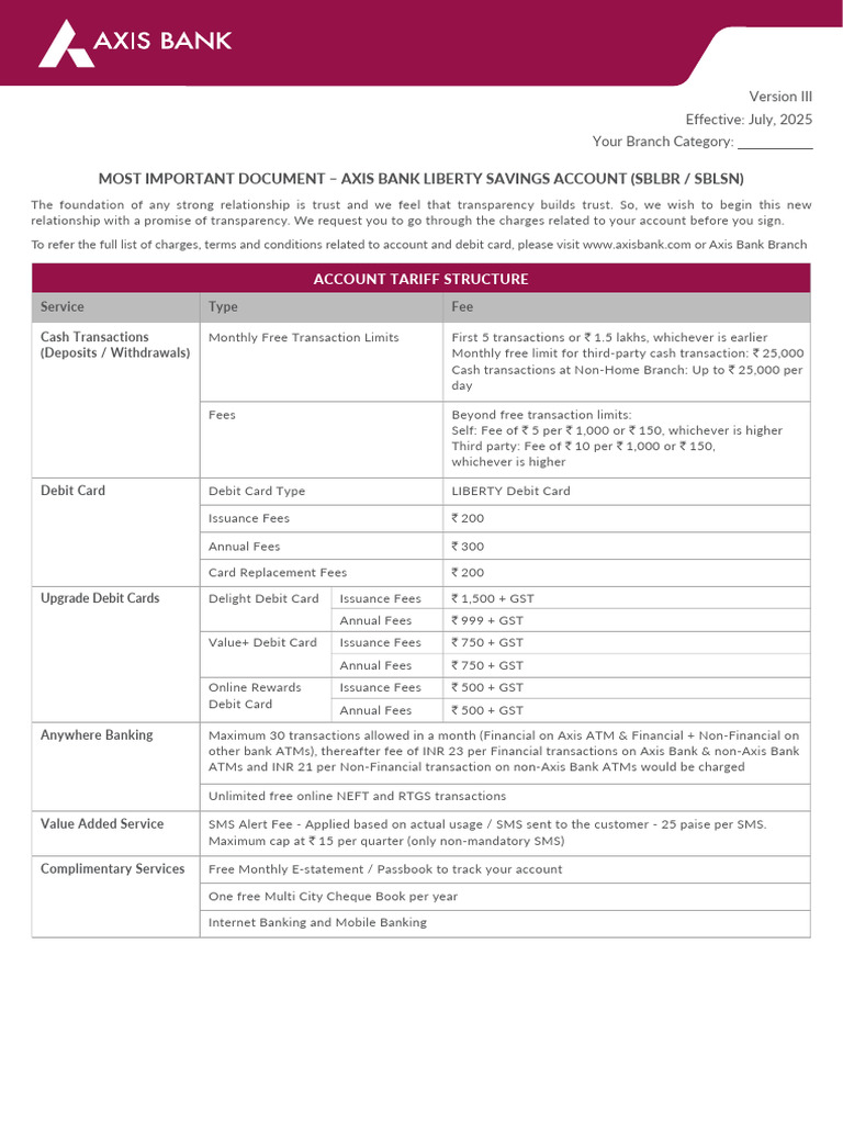 Axis Bank Liberty Savings Account 2025 | PDF | Credit Card | Debit Card