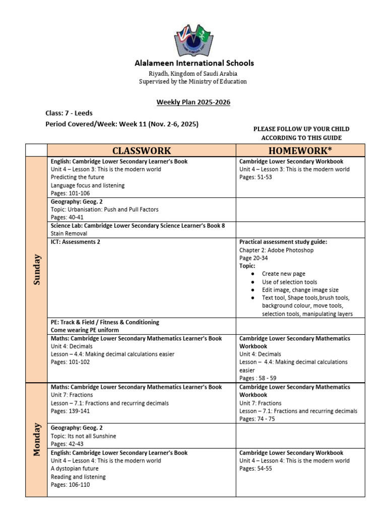 7th Grade Weekly Plan: Nov 2025 | PDF