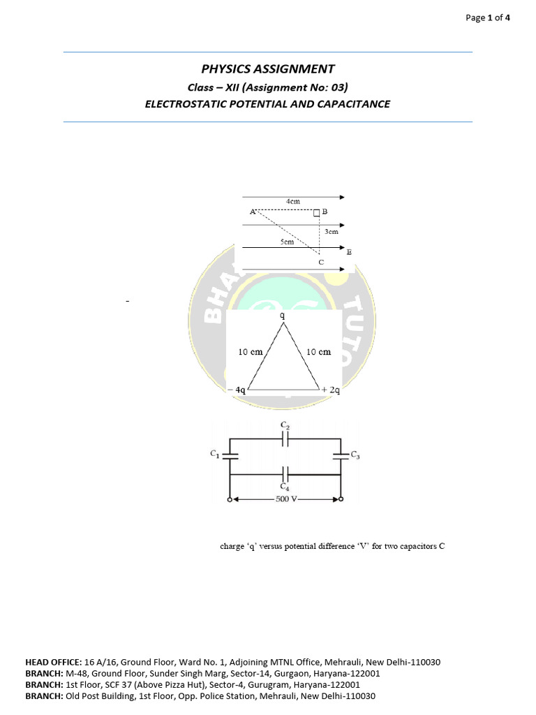 Assignment 3 Electrostatic Potential and Capacitance | PDF | Capacitance | Electric Field