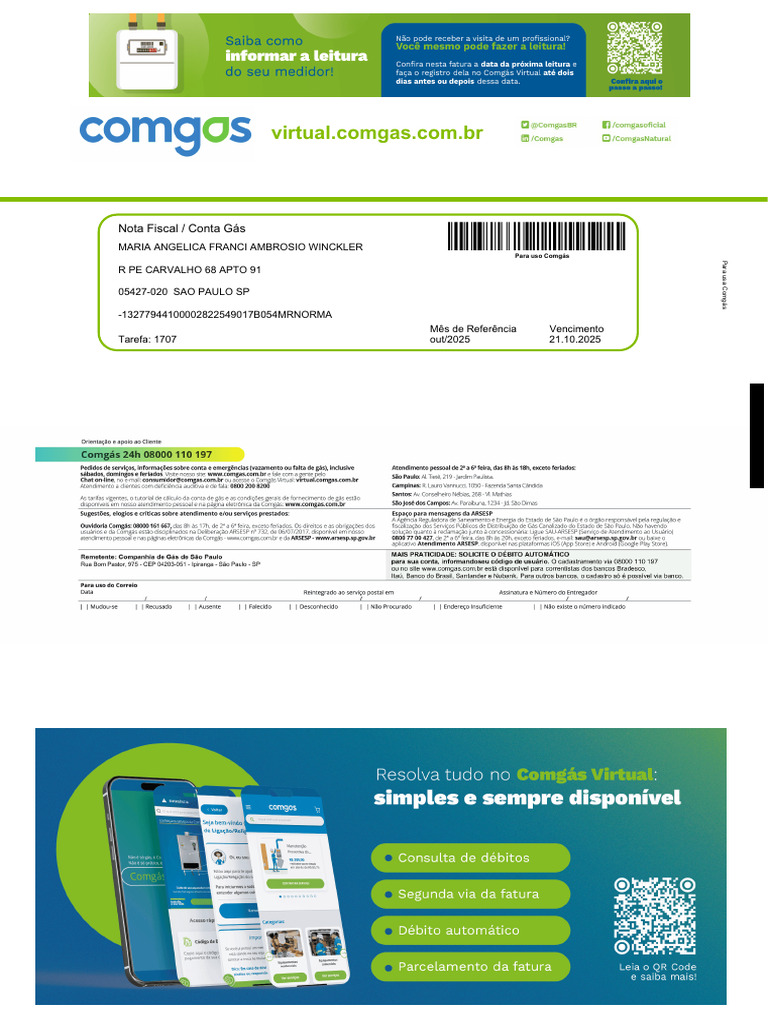 Conta de Gás Comgás - Outubro 2025 | PDF | Serviços financeiros | Bancos
