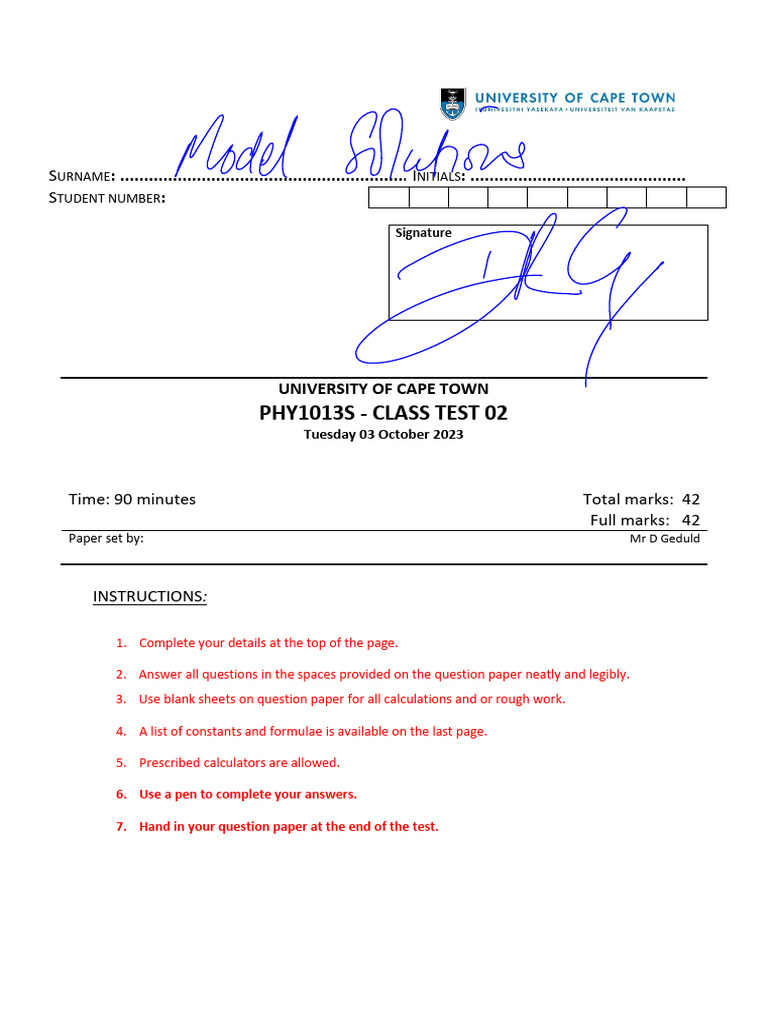 UCT PHY1013S Class Test 02 2023 | PDF | Capacitor | Mass