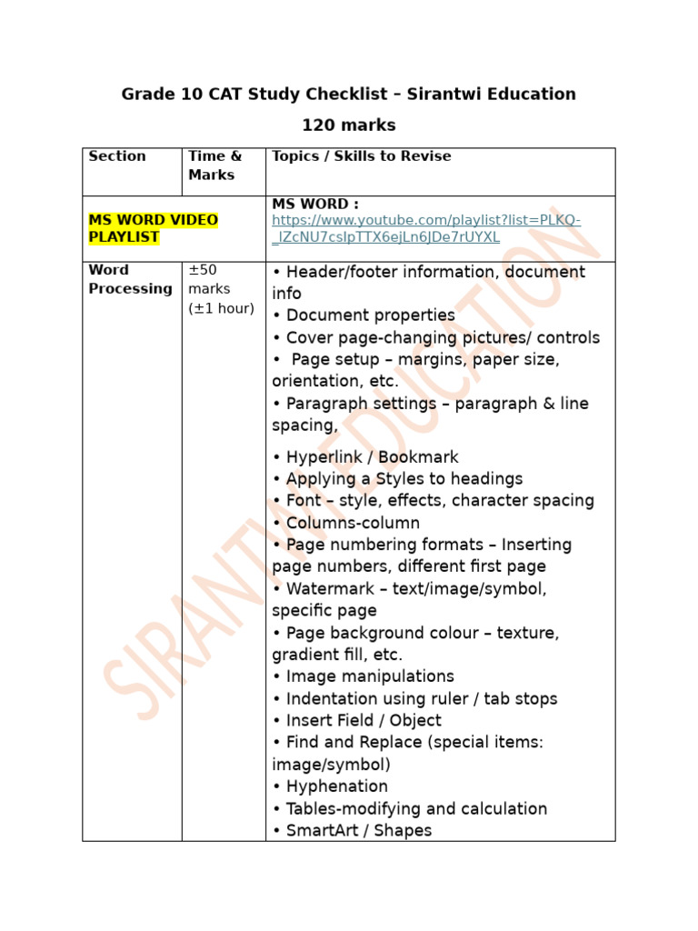 Grade 10 p1 Cat Study Checklist-Sirantwi Education | PDF | Microsoft ...