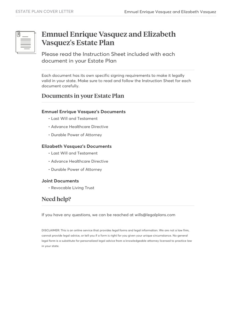 Estate Plan for Emnuel and Elizabeth Vasquez | PDF | Power Of Attorney ...