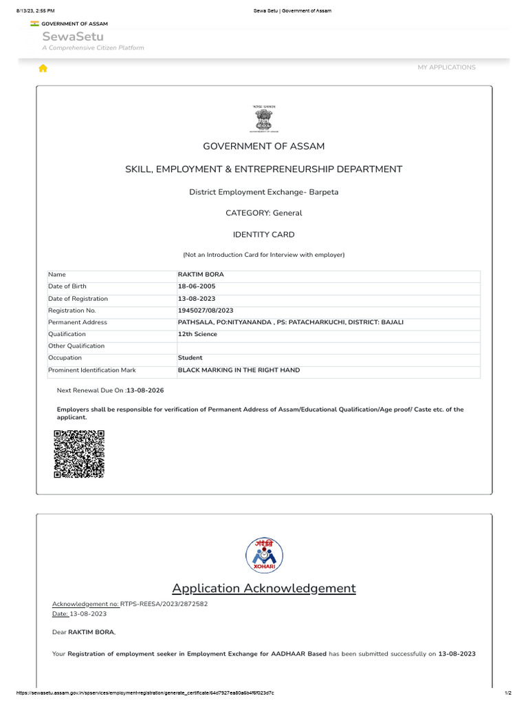 Employment Registration Acknowledgment Assam | PDF | Government And ...