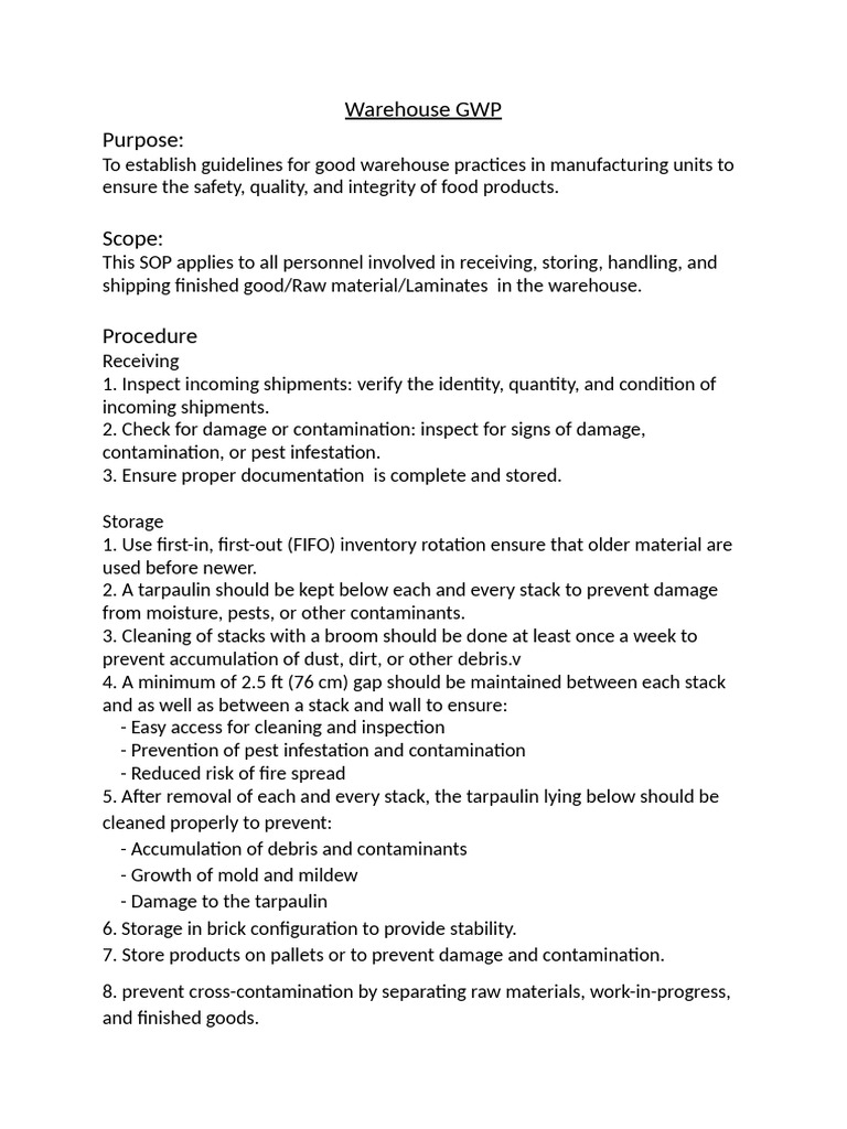 Good Warehouse Practices Guidelines | PDF