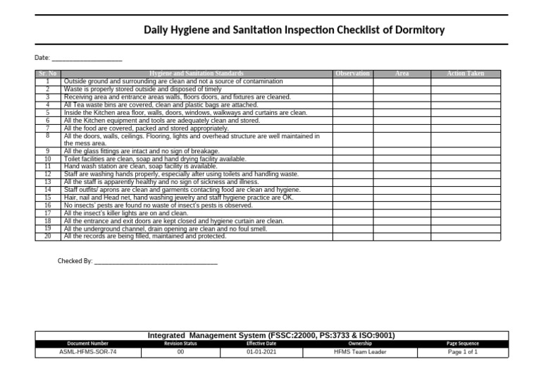 Dormitory Hygiene Inspection Checklist | PDF