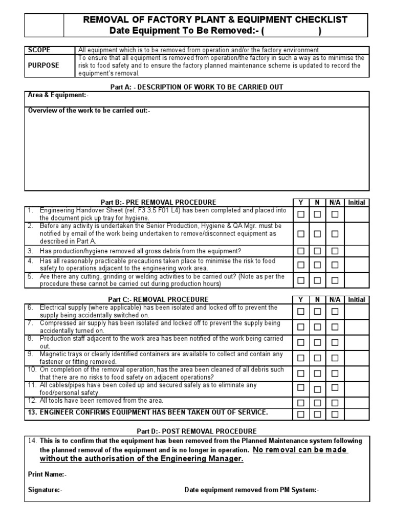 Removal of Factory Plant Equipment Checklist v2 | Factory | Safety