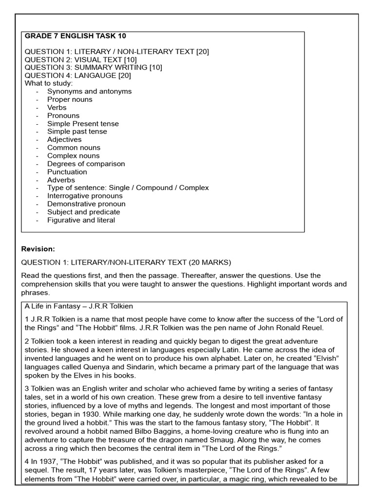 Grade 7 English Task 10 What To Study | PDF | The Hobbit | Hobbit