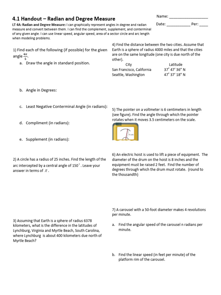 Radian and Degree Measure Exercises | PDF | Angle | Elementary Geometry