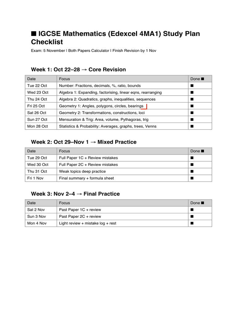 IGCSE Maths Study Plan Checklist | PDF