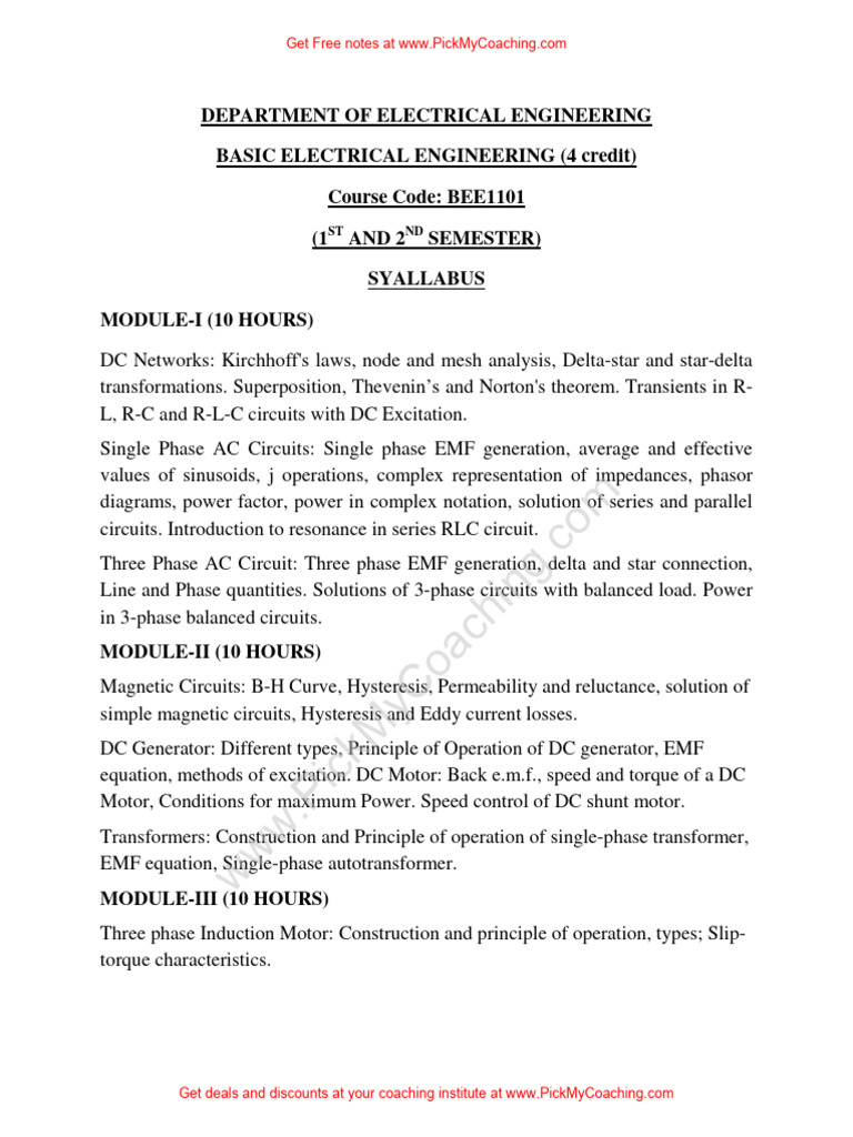 Basic Electrical Engineering Syllabus | PDF | Electrical Network ...