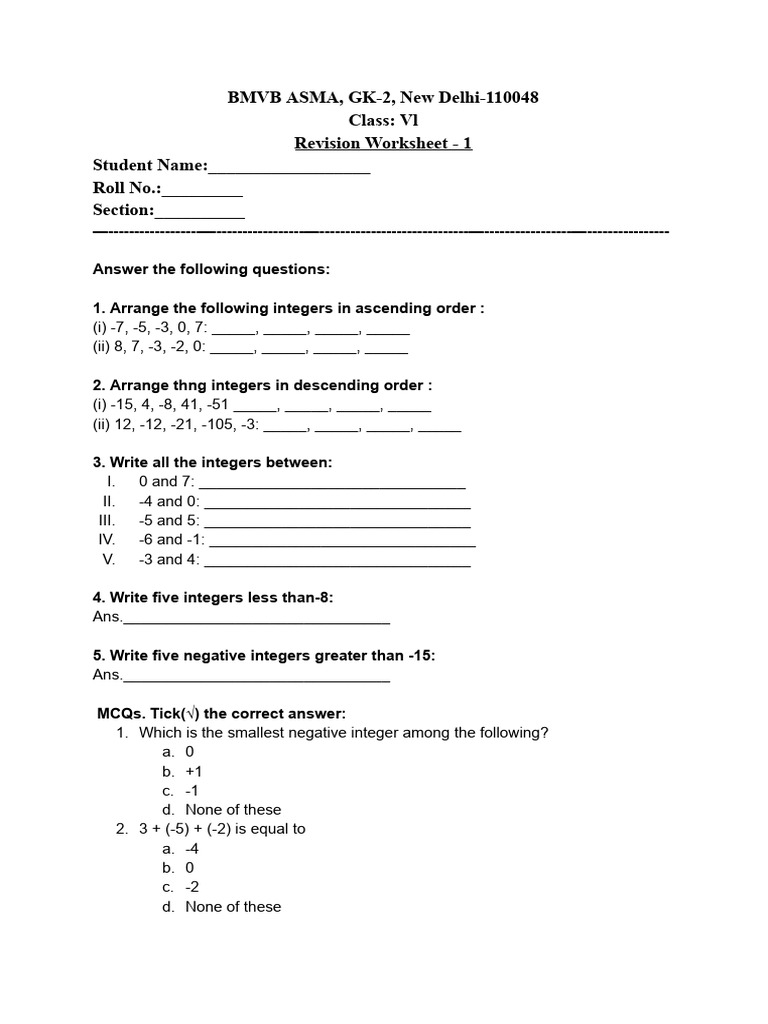 Class VI Revision Worksheet on Integers | PDF