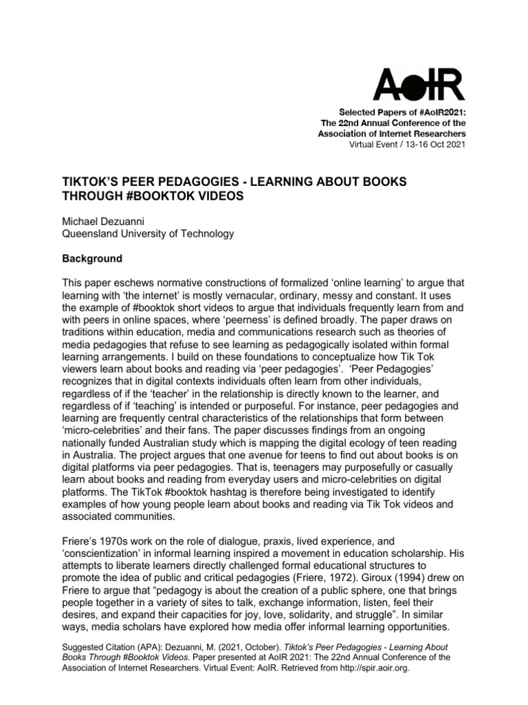 Dezuanni-TIKTOKS PEER PEDAGOGIES | PDF | Pedagogy | Learning