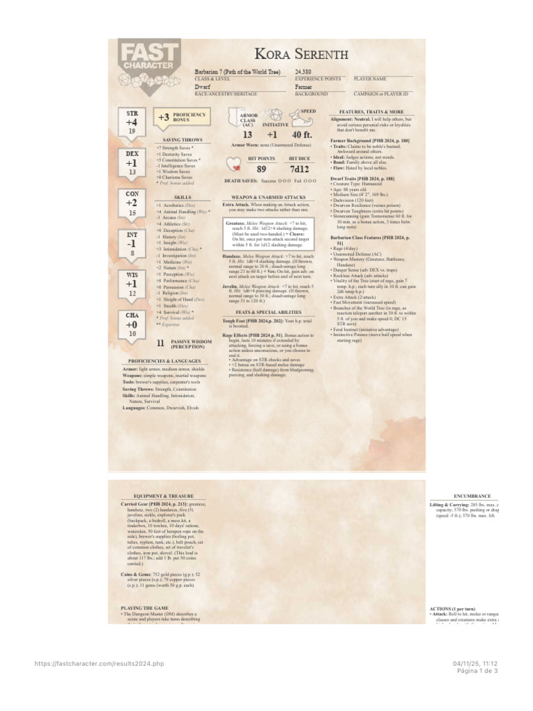 Fast Character - Dwarf Barbarian 7 (Path of The World Tree) - PHB 2024 | PDF | Dungeons ...