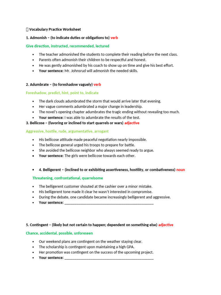 ? Vocabulary Practice Worksheet Week 4 | PDF