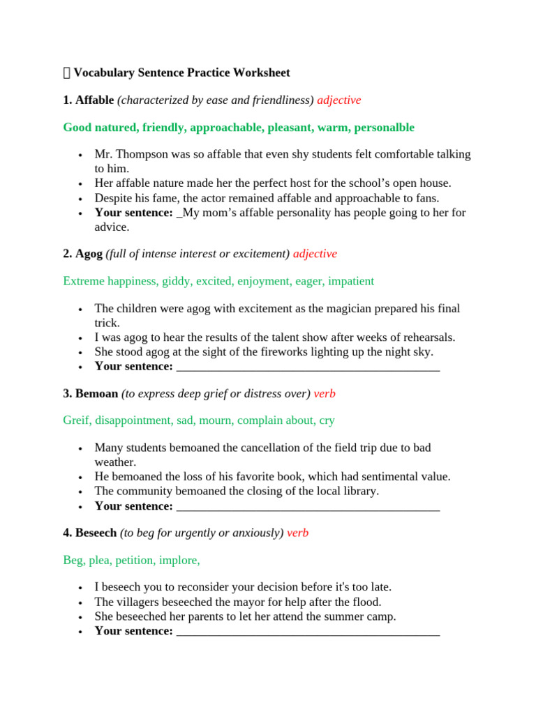 ? Vocabulary Sentence Practice Worksheet vocab week 6 | PDF