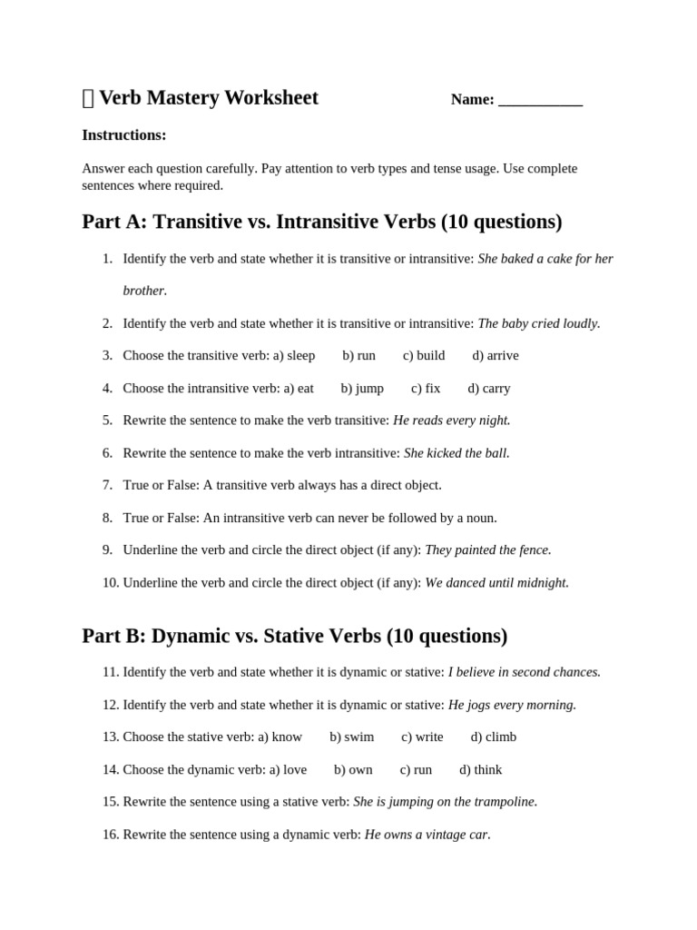 Verb Mastery Worksheet Guide | PDF | Verb | Grammatical Tense