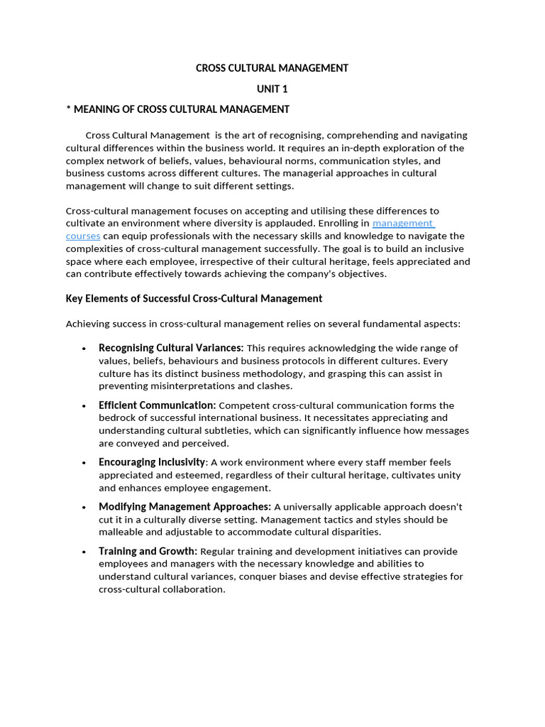 Cross Cultural Management Unit 1 | PDF | Organizational Culture ...
