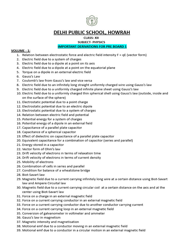 Important Derivations For Pt2 Cls 12 Physics 25-26 | PDF | Inductance | Electric Field