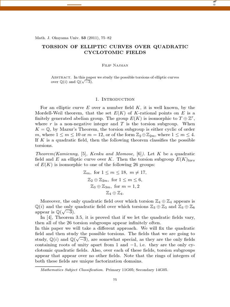 Torsion of Elliptic Curves in Cyclotomic Fields | PDF | Field ...