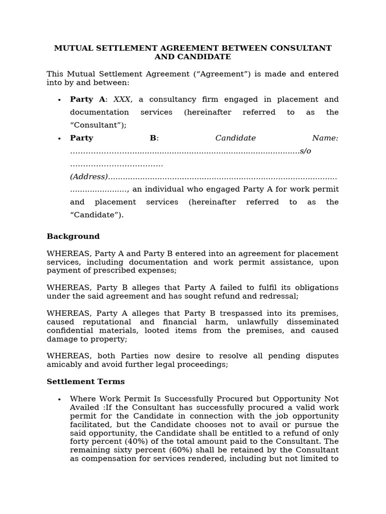 Mutual Settlement Agreement Between Consultant and Candidate 2 | PDF ...