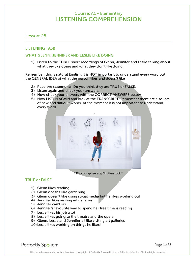 A1 - Lesson 25 - Listening Comprehension Task | PDF