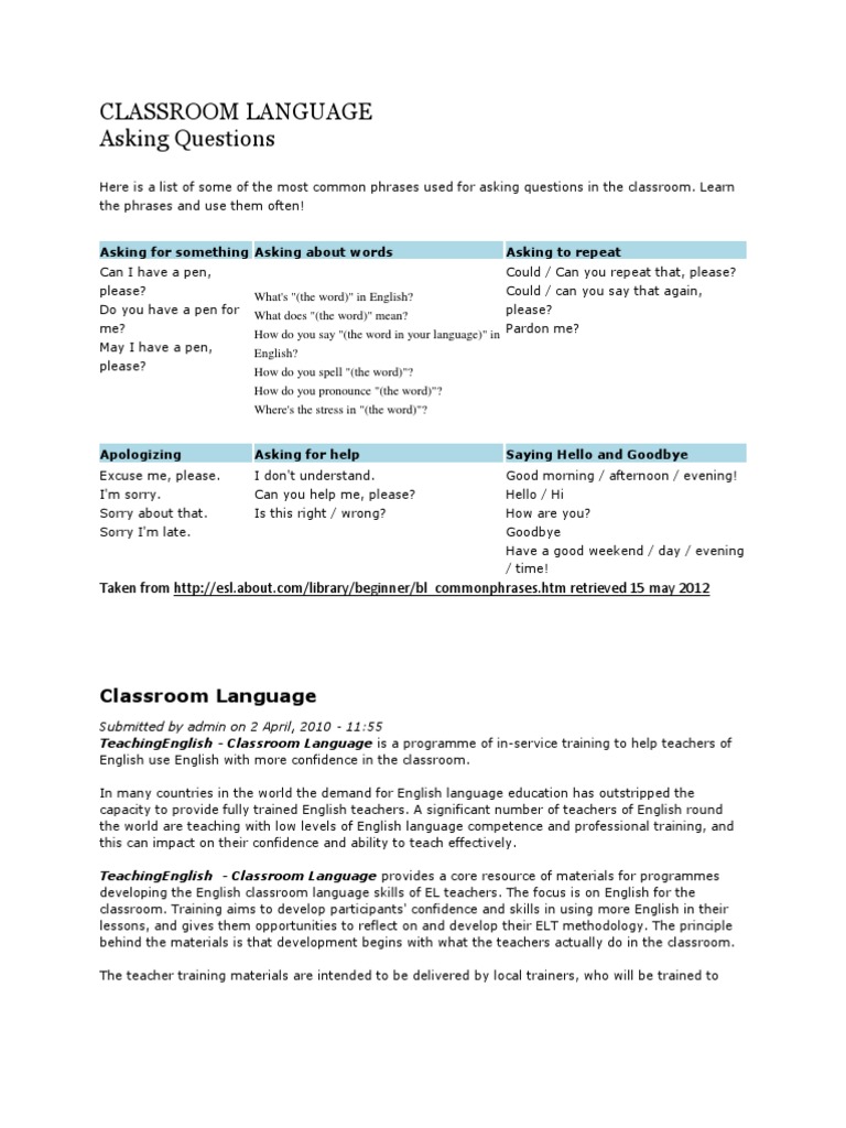Classroom Language | PDF | Classroom | English Language
