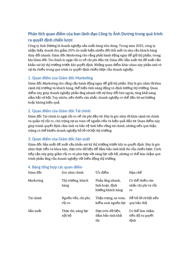 Phan Tich Qua Trinh Ra Quyet Dinh Cong Ty Anh Duong | PDF