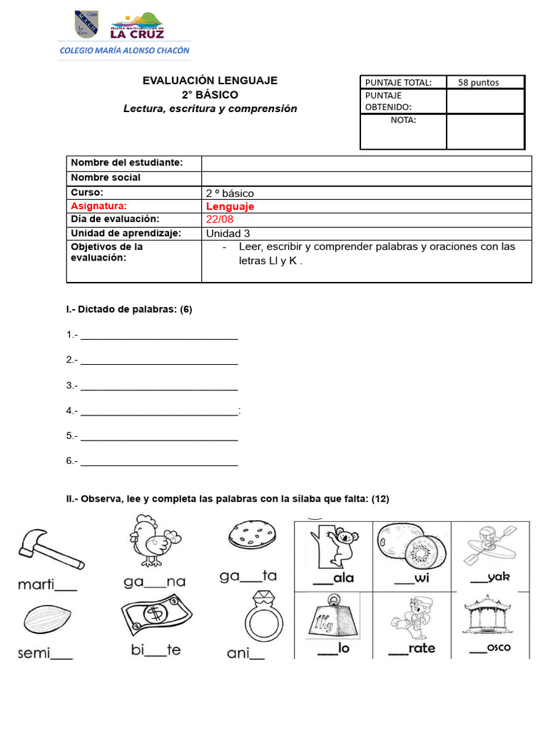 2º Basico Evaluación Lenguaje Letras LL y K | PDF