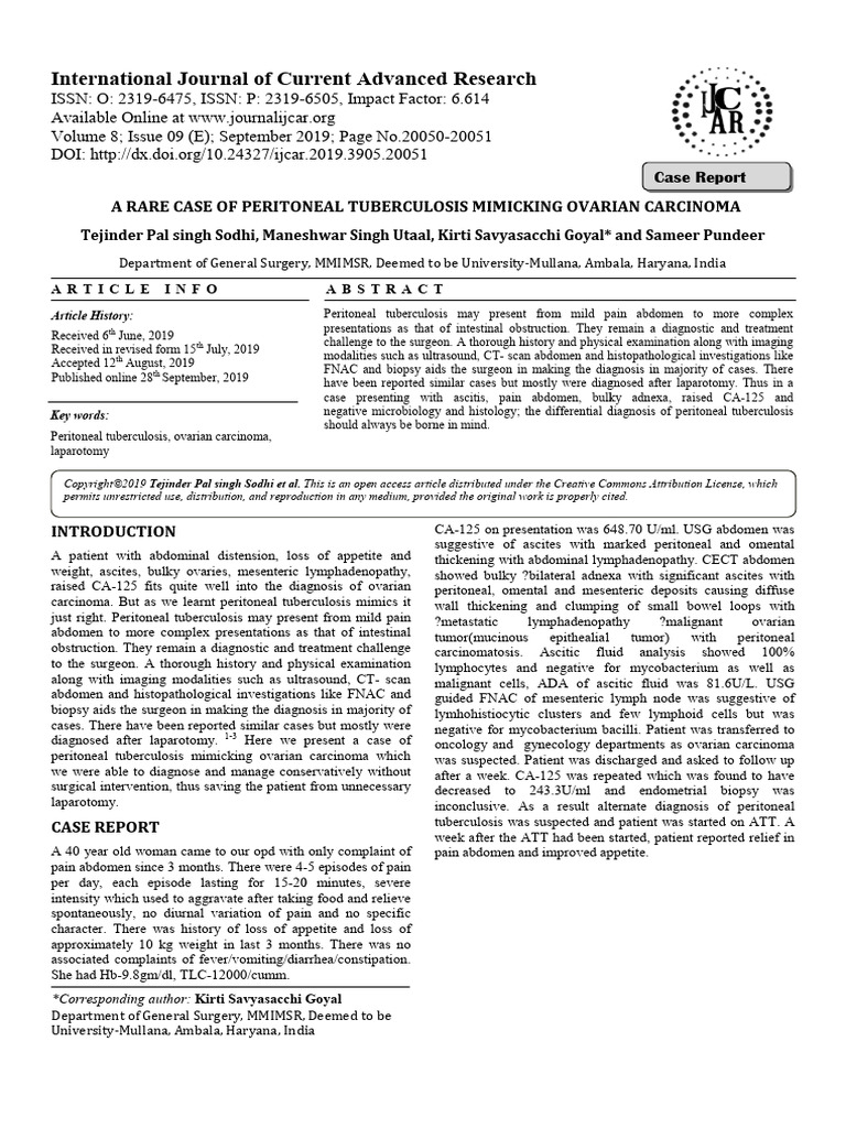 Peritoneal TB Ovarian Ca | PDF | Ovarian Cancer | Neoplasms
