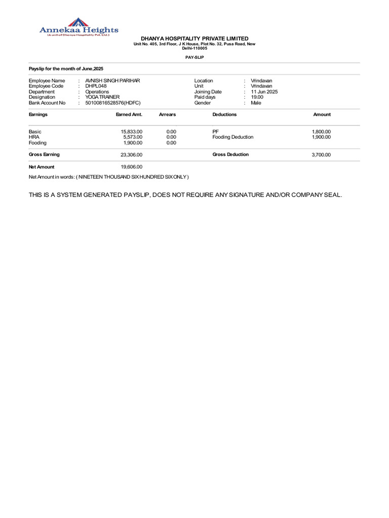 June 2025 Payslip for Avnish Singh Parihar | PDF