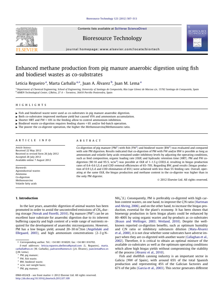 2012 - Regueiro - Enhanced Methane Production From Pig Manure Anaerobic ...