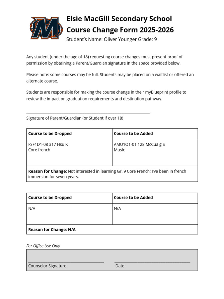 Course Change Form (2025-26) | PDF