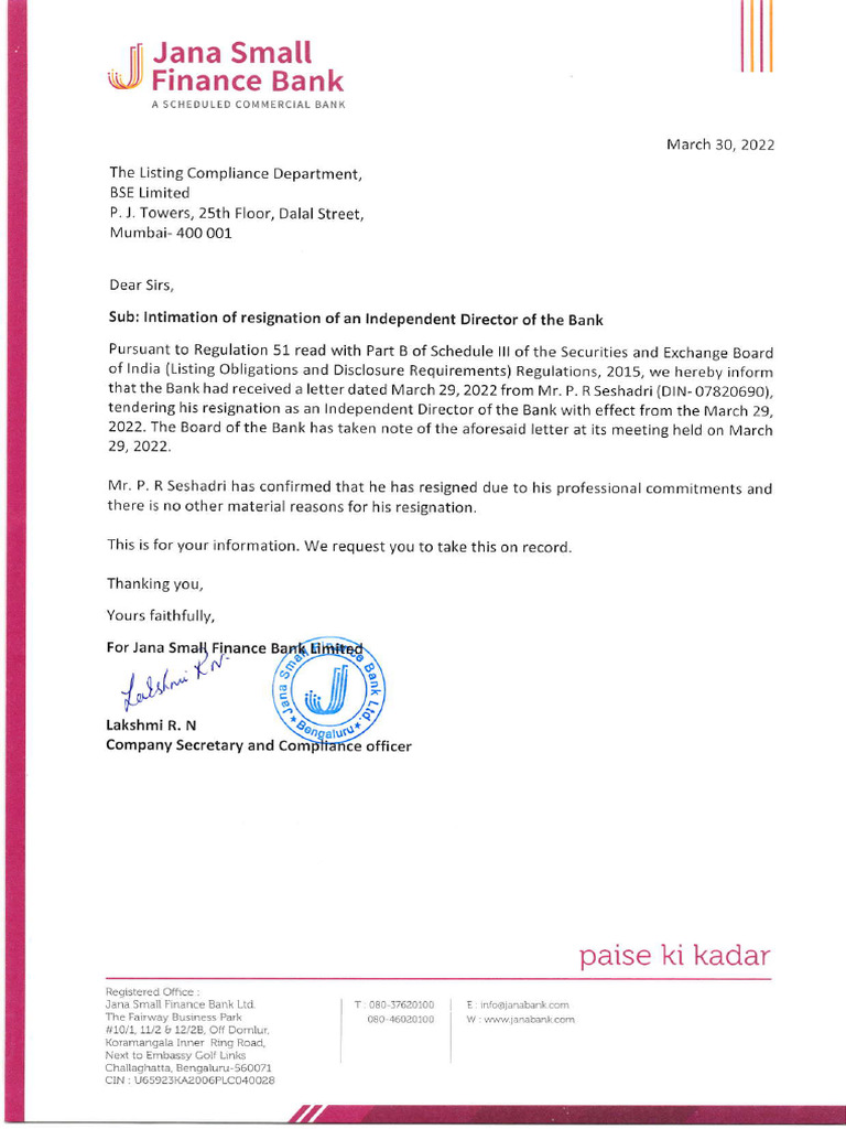 Intimation Resignation of Seshadri Jana File | PDF