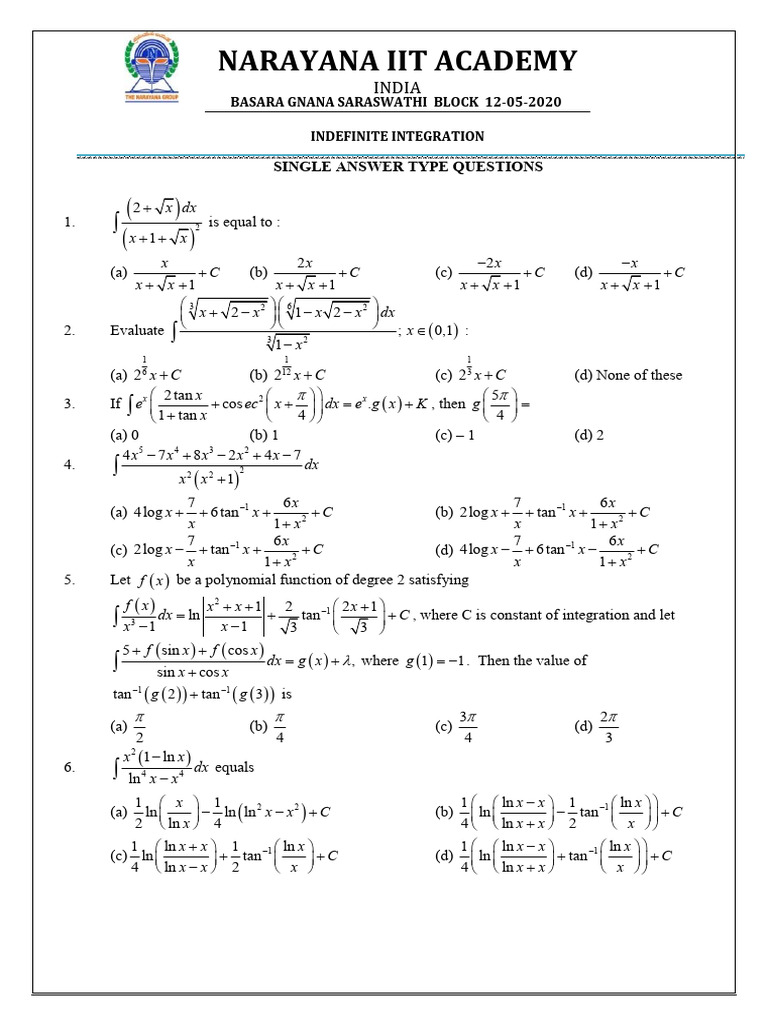 Indefinite Integration Questions & Answers | PDF | Function ...
