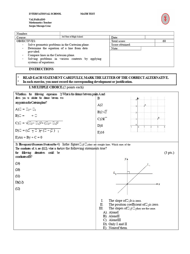 3rd Year High School Test - Equation of The Line and Systems of ...