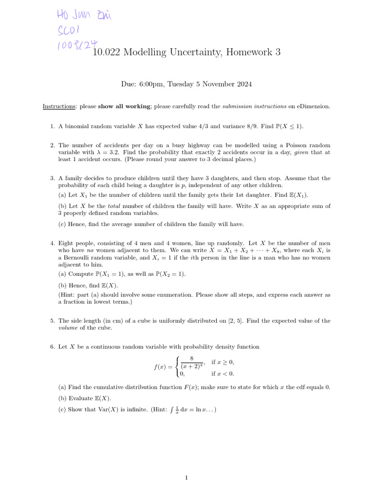 mu hw3 | PDF | Random Variable | Expected Value