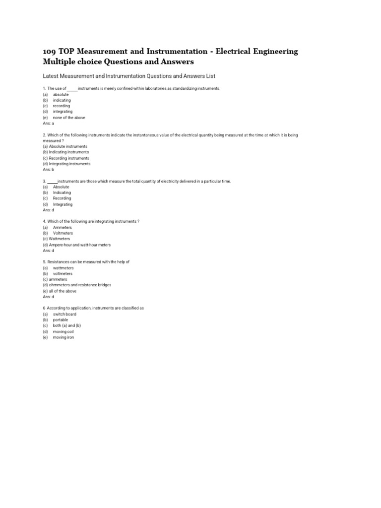 Electrical Engineering Measurement Quiz | PDF | Electricity ...