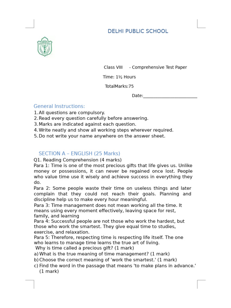 Class VIII Comprehensive Test Paper FULL | PDF | Respiratory System | Foods
