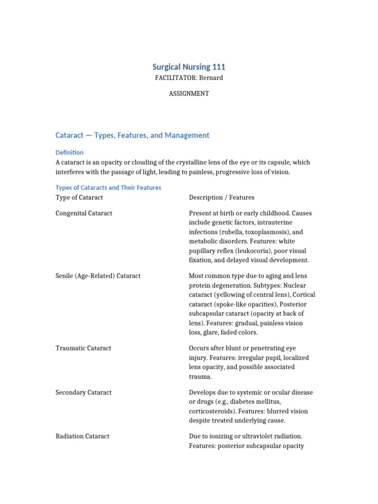 Cataract Types, Management, and Nursing Care | PDF | Cataract ...