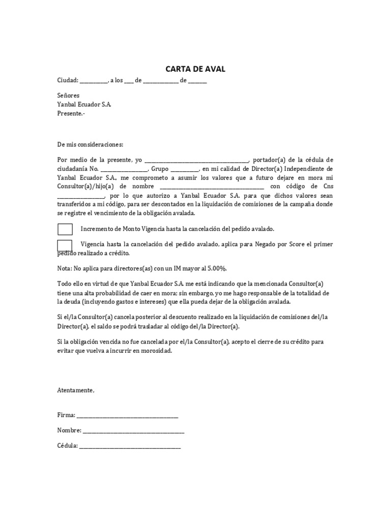 Carta de Aval para Yanbal Ecuador S.A. | PDF