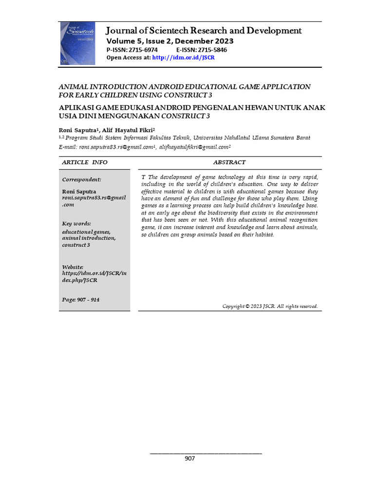 Aplikasi Game Edukasi Android Pengenalan Hewan Untuk Anak Usia Dini Menggunakan Construct 3 | PDF