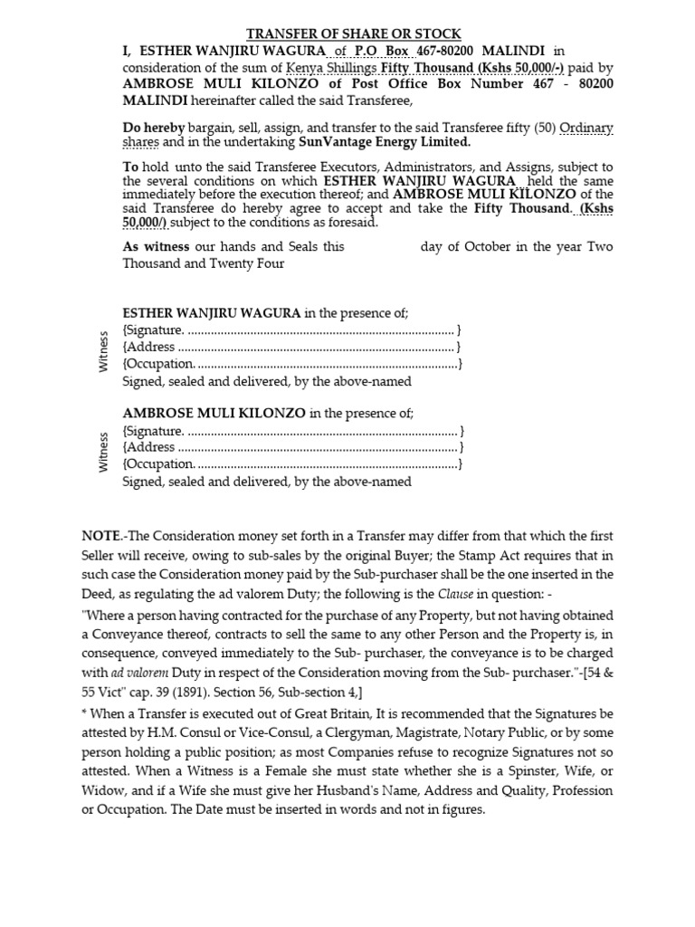 Sunvantege Transfer of Shares | PDF | Deed | Conveyancing