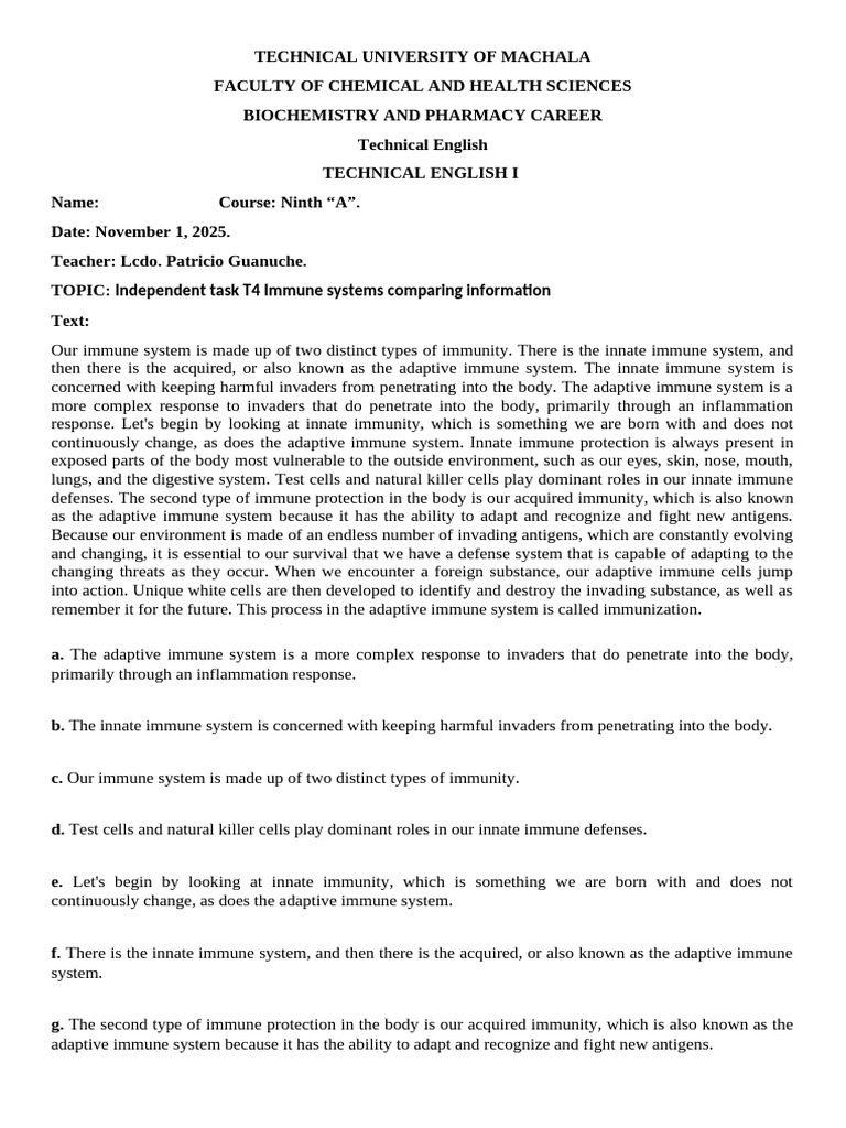 Innate and Adpative Immunity Matching Solution | PDF | Immune System ...