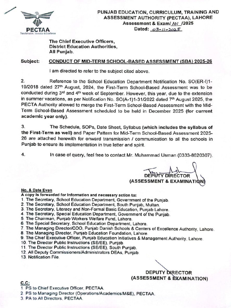 SBA Mid-Term Exams Syllabus & Date Sheet Nursery To Grade 8 - PECTA | PDF | Numbers | Mathematics