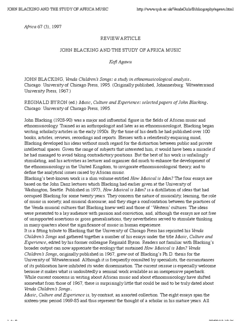 John Blacking and The Study of Africa Music | PDF | Self | Cognitive ...