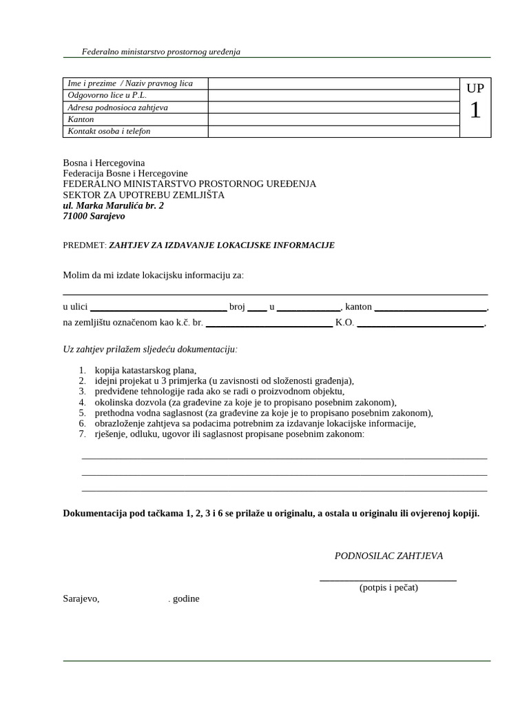 Zahtjev Lokacijska Informacija 2016 | PDF